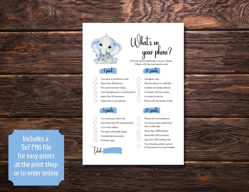 Whats on Your Phone Baby Shower Game, Blue Elephant Baby Shower Games ...