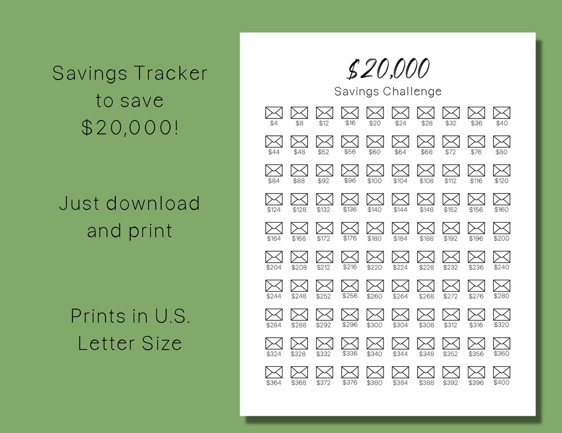 20K Savings Challenge, 100 Envelope Challenge, 20K in 100 Days, 100 Day ...