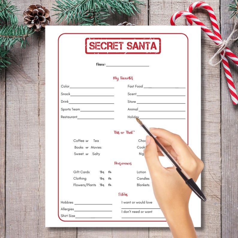 Secret Santa Questionnaire Printable, Secret Santa Survey, Christmas ...