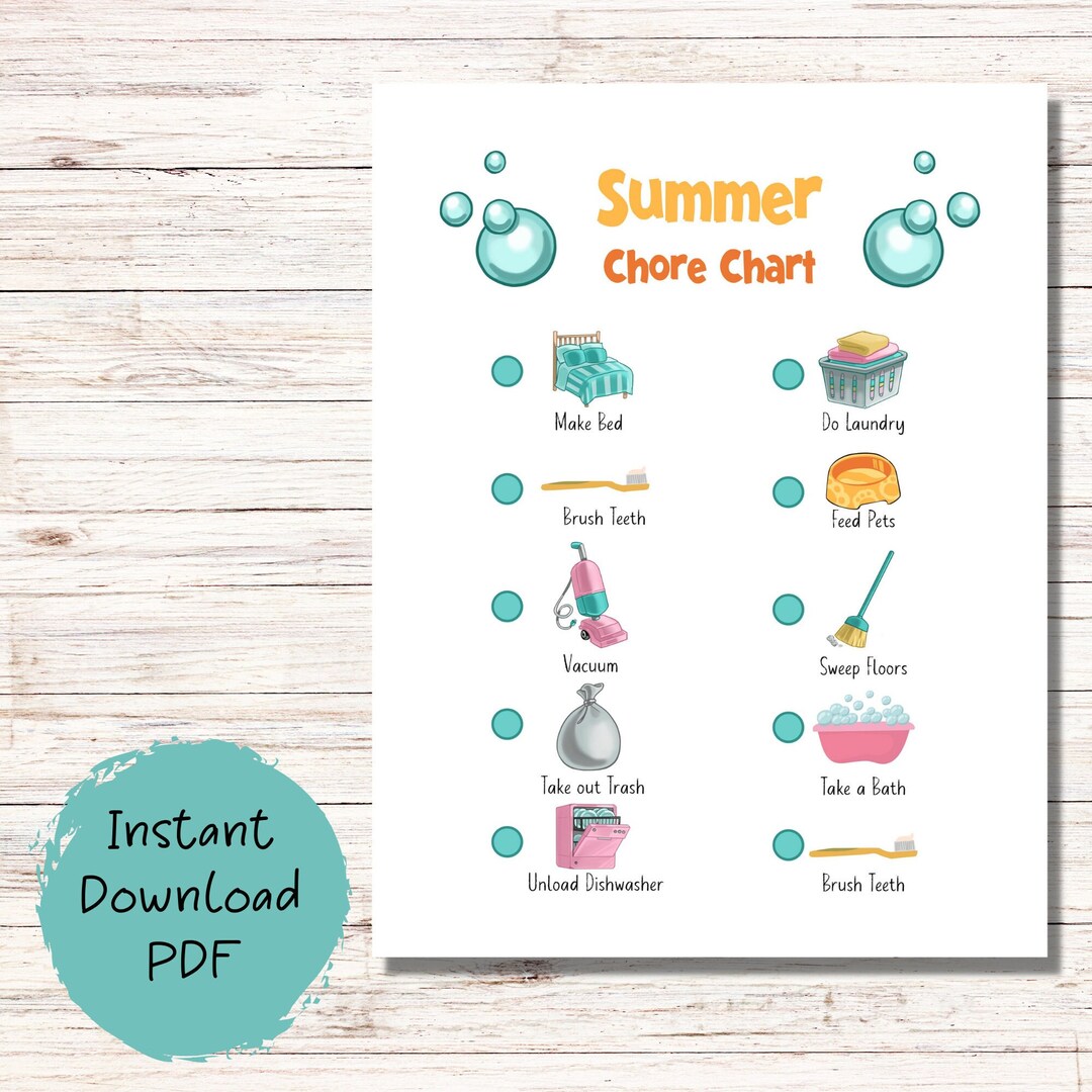 Summer Chore Chart With Pictures, Kids Chore Chart for Summer ...
