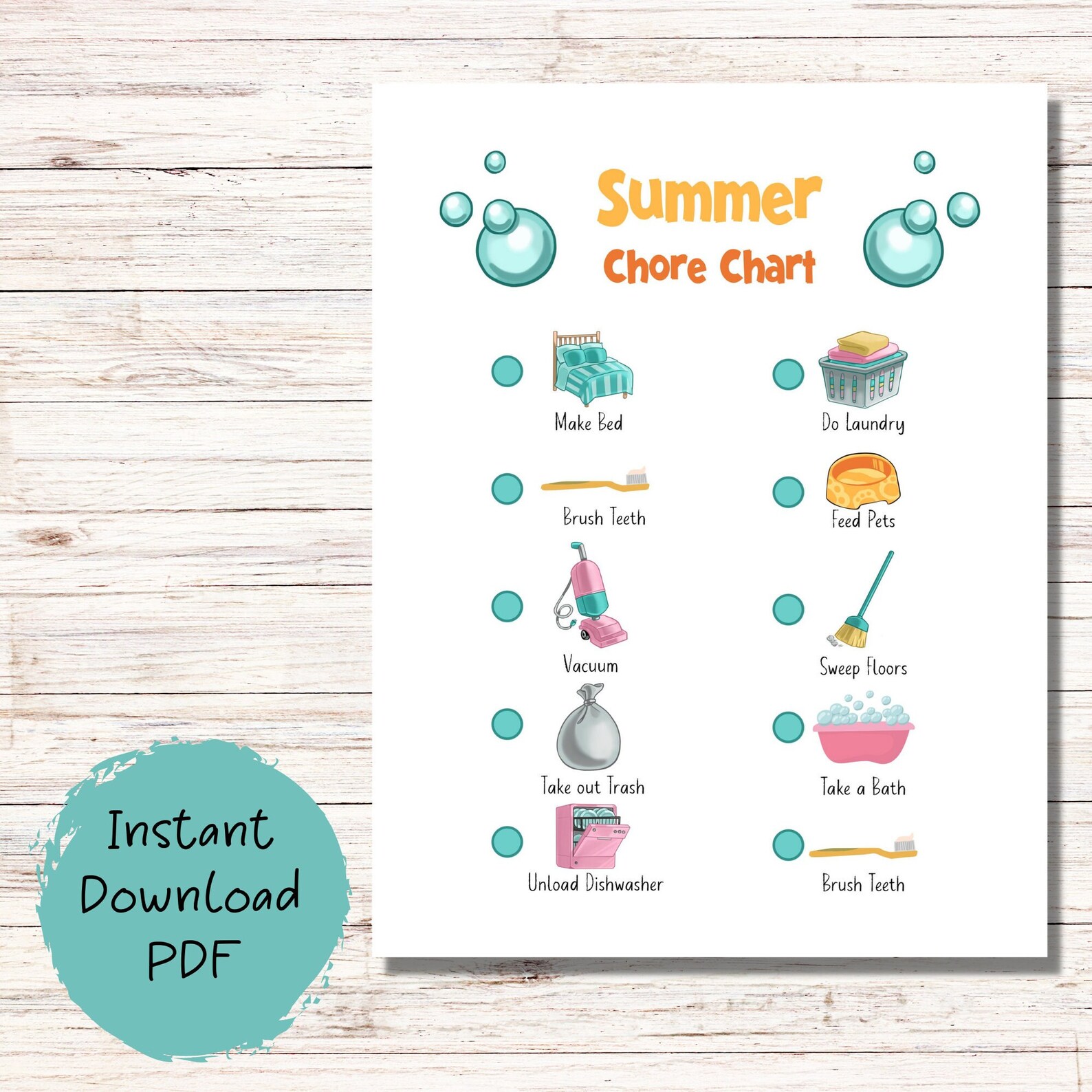 Summer Chore Chart With Pictures, Kids Chore Chart for Summer ...