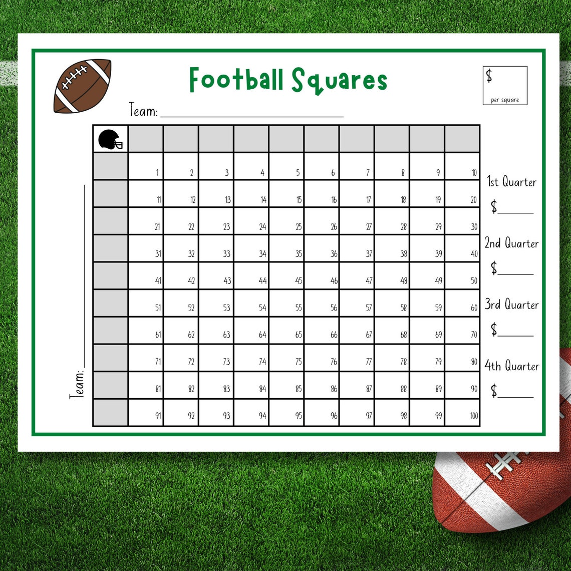 Football Squares Printable, Football Fundraiser, 100 Football Squares ...