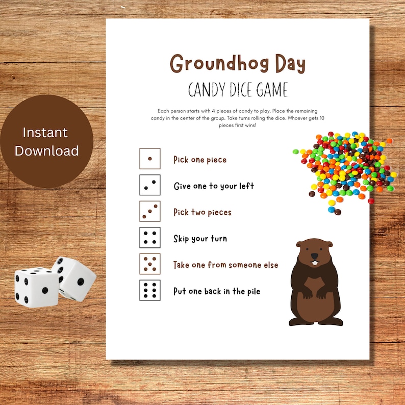 Groundhog Day Candy Dice Game, Groundhog Day Game, Groundhog Day ...