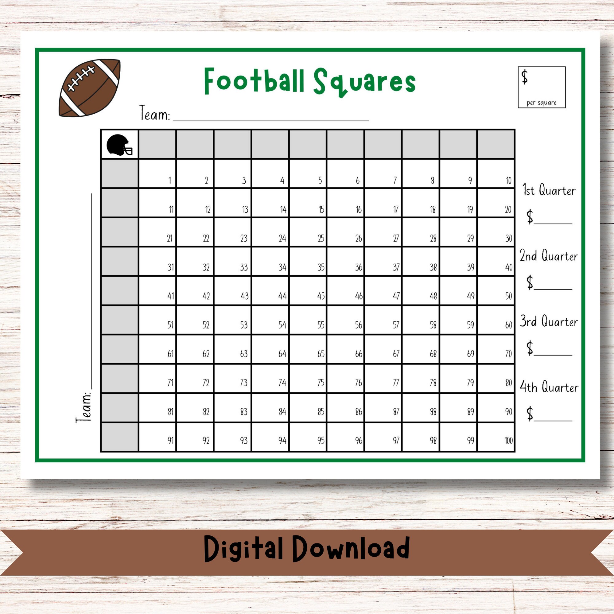 Football Squares Printable, Football Fundraiser, 100 Football Squares ...