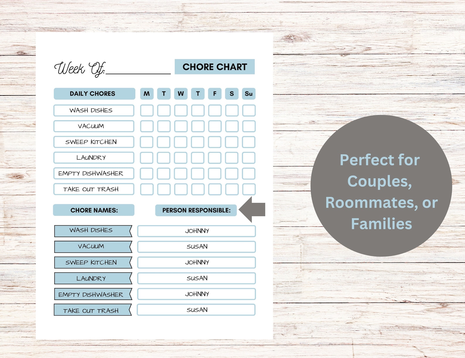 Chore Chart Printable, Daily Chore Chart, Couples Chore Chart, Family ...