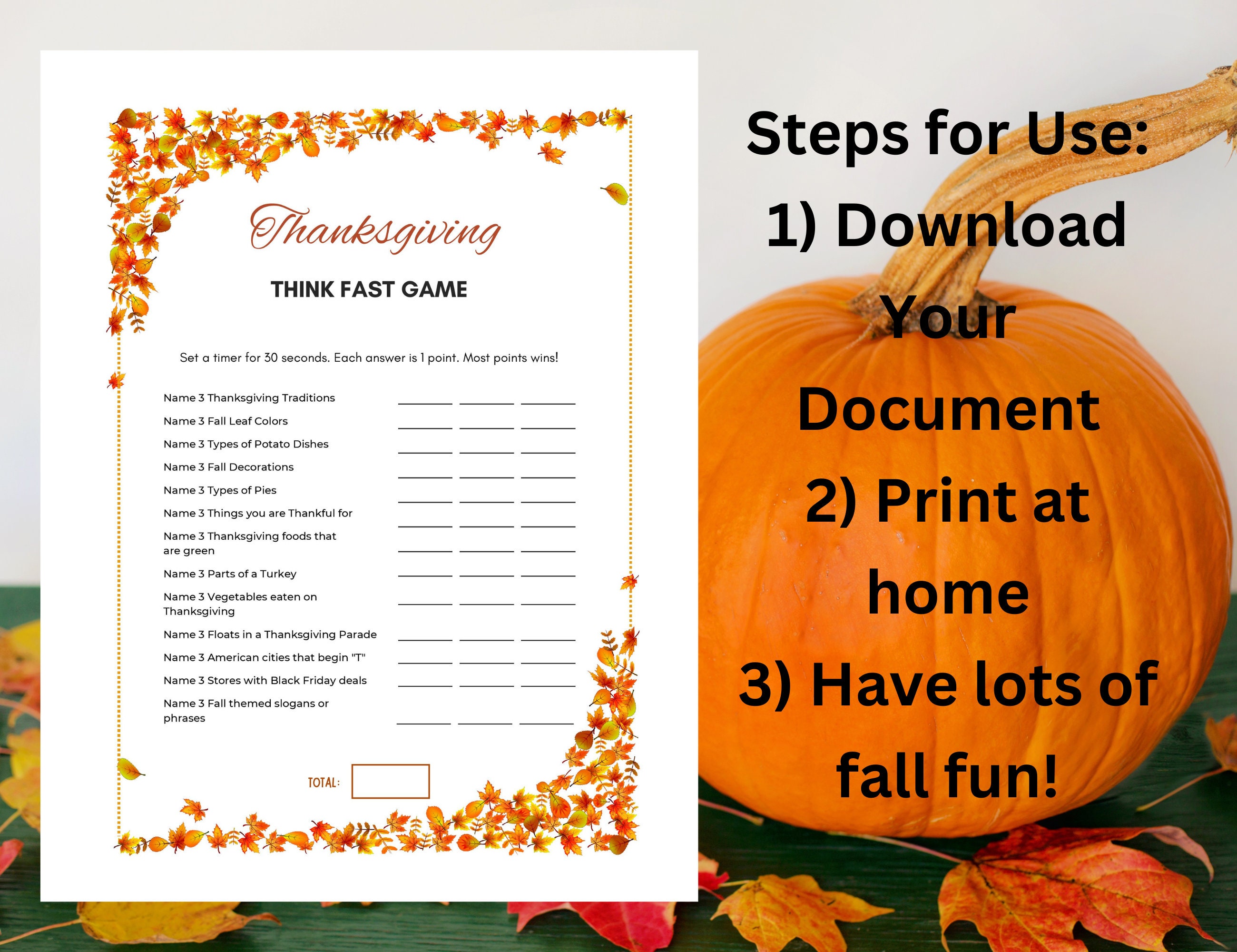 Thanksgiving Think Fast Game Printable, Instant Download Fall Game ...