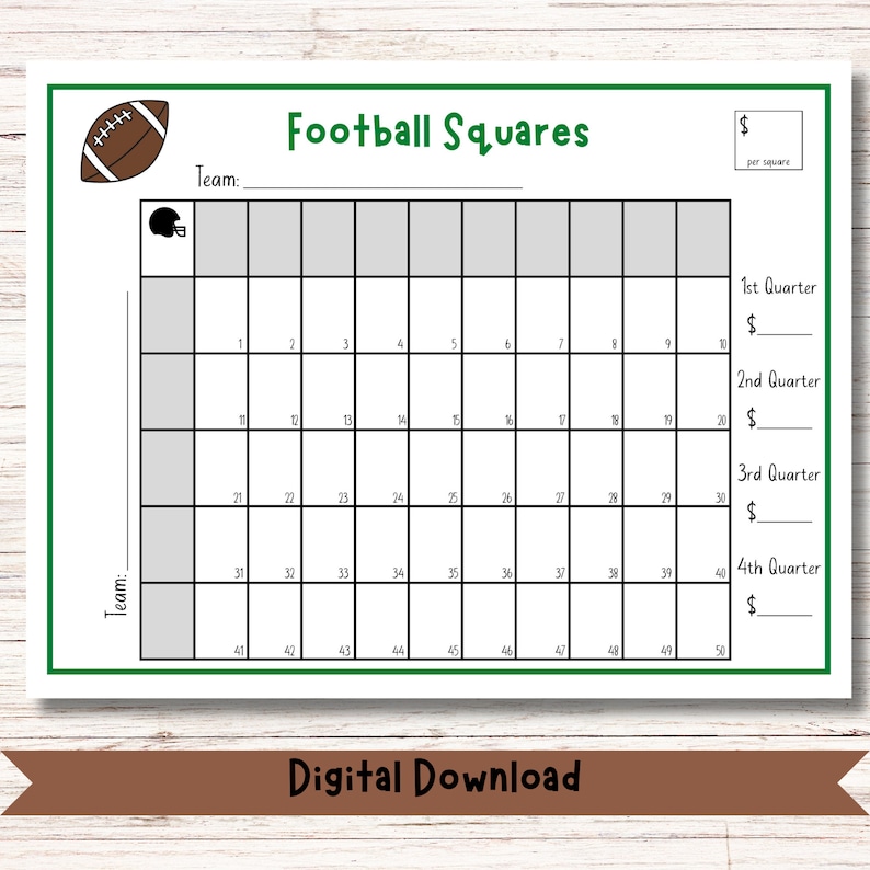 Football Squares Printable, Football Fundraiser, 50 Football Squares ...