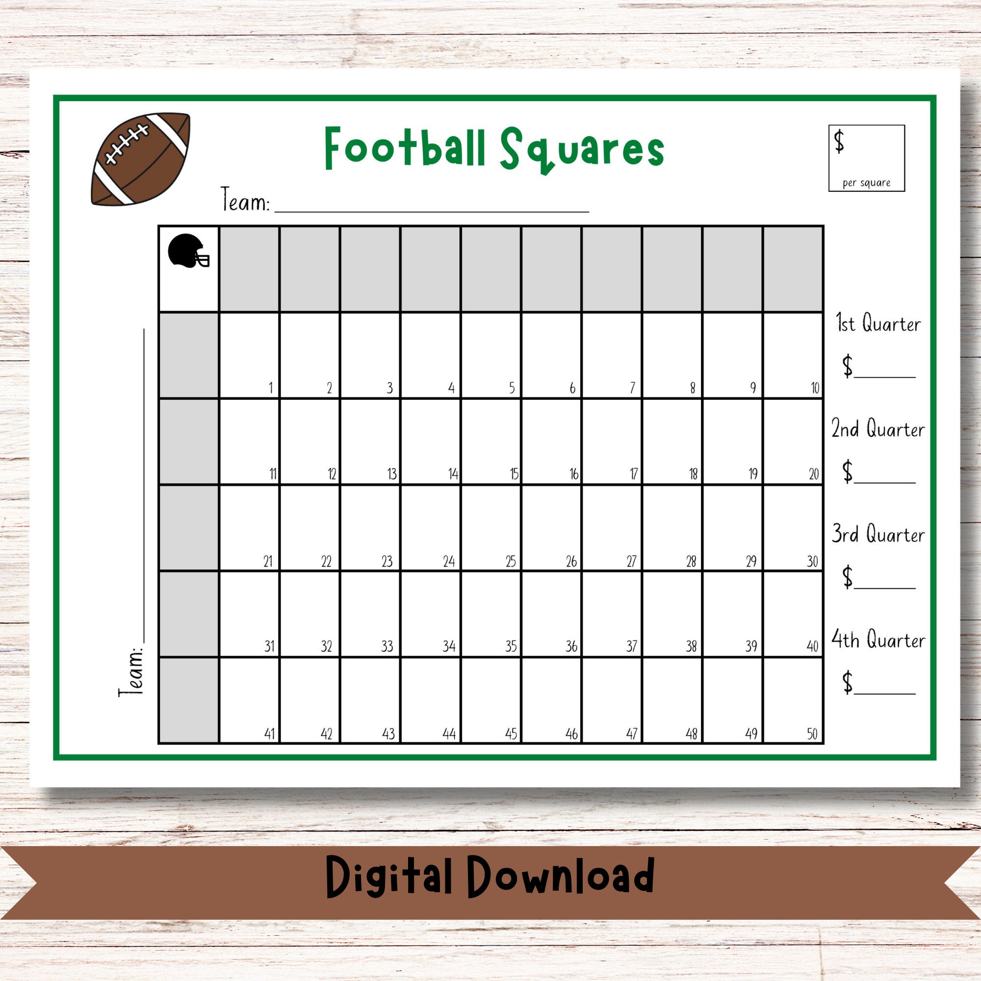 Football Squares Printable, Football Fundraiser, 50 Football Squares ...