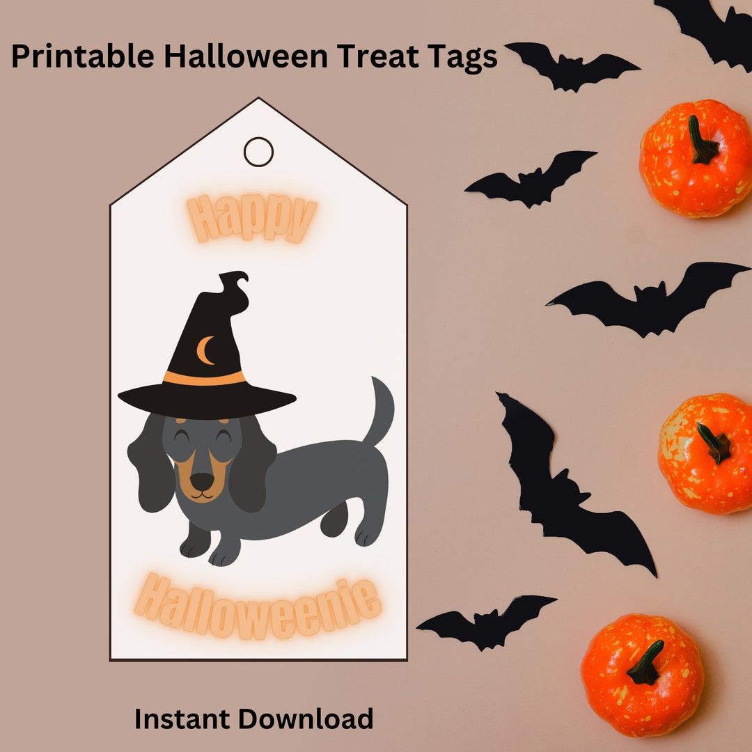 Happy Halloweenie Gift Tags, Printable Dog Halloween Favor Tags, Trick ...