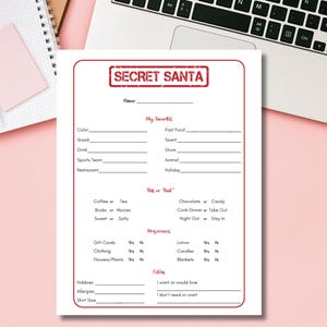 Secret Santa Questionnaire Printable, Secret Santa Survey, Christmas ...