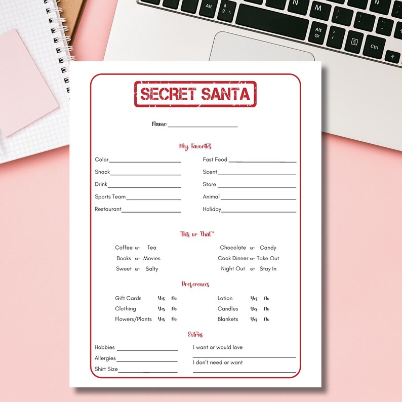 Secret Santa Questionnaire Printable, Secret Santa Survey, Christmas ...