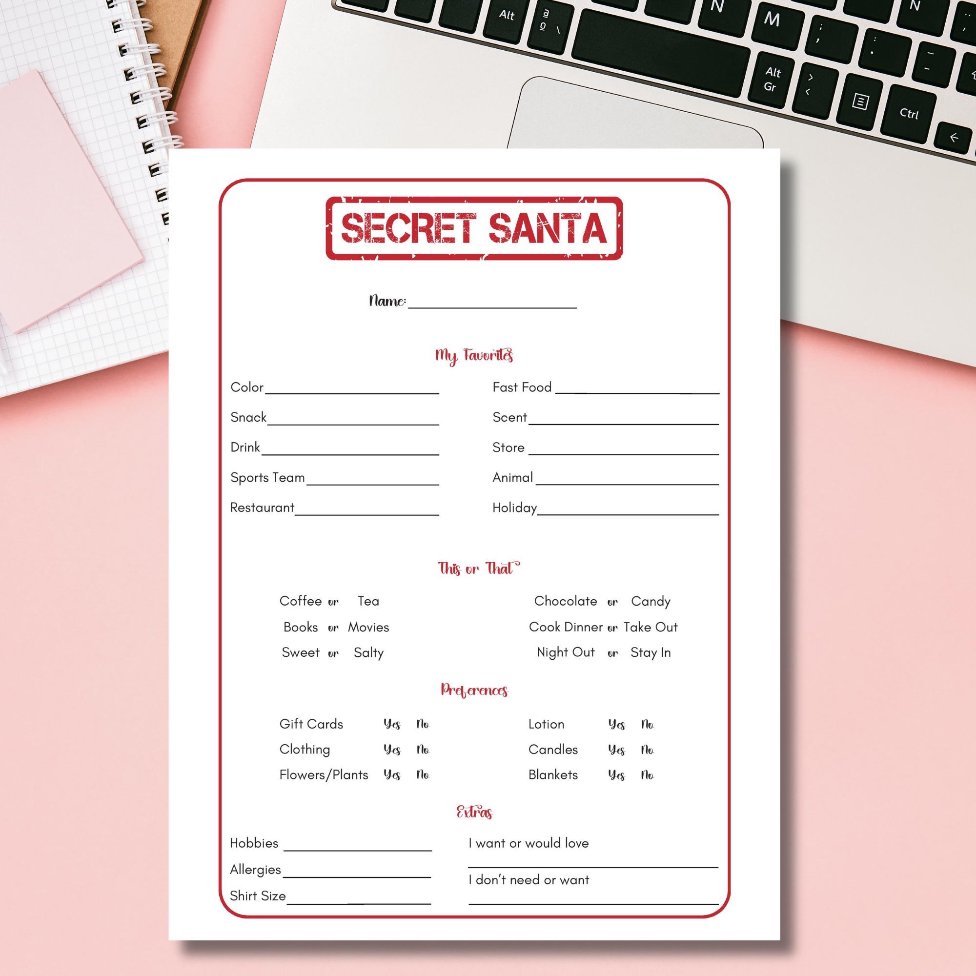 Secret Santa Questionnaire Printable, Secret Santa Survey, Christmas ...