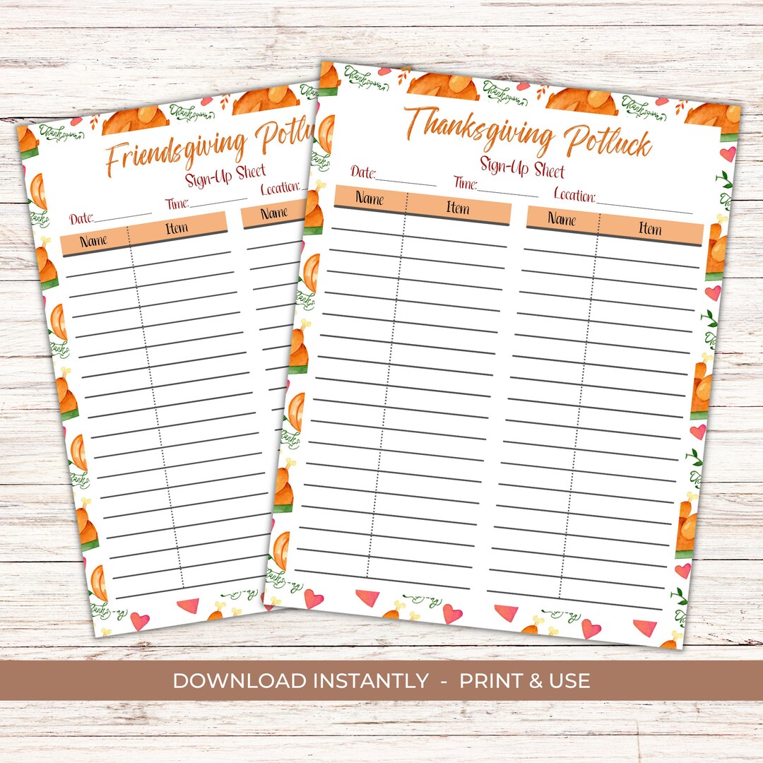 Thanksgiving Potluck Sign up Sheet, Friendsgiving Potluck Sign up Sheet ...