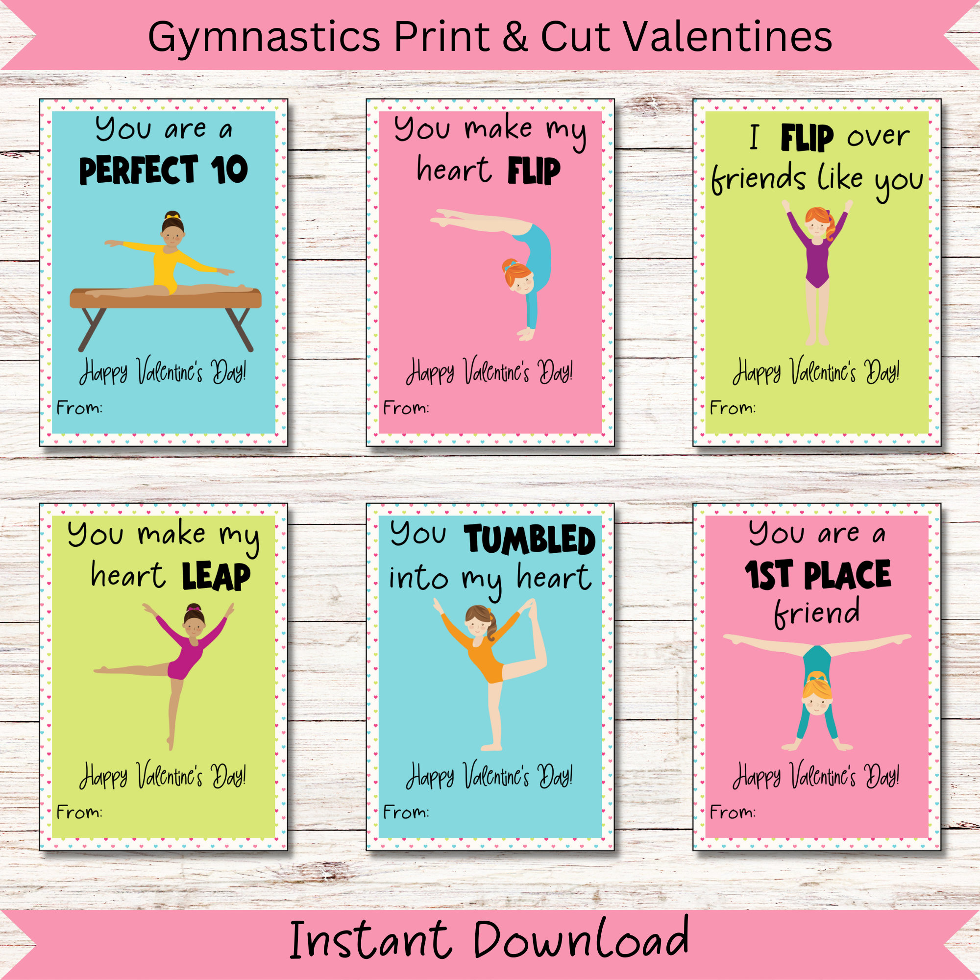 Gymnastics Valentines, Girls Gymnastics, Printable Valentines for Kids ...