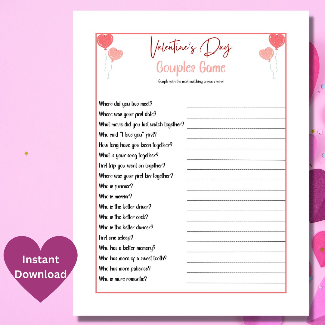 Valentine's Day Couples Game, Printable Valentine Games for Couples ...