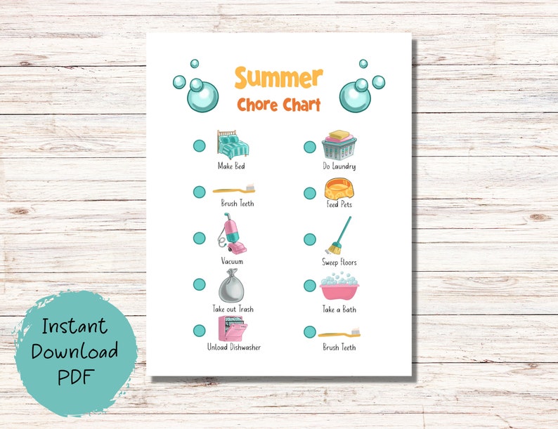 Summer Chore Chart With Pictures Kids Chore Chart for Summer - Etsy
