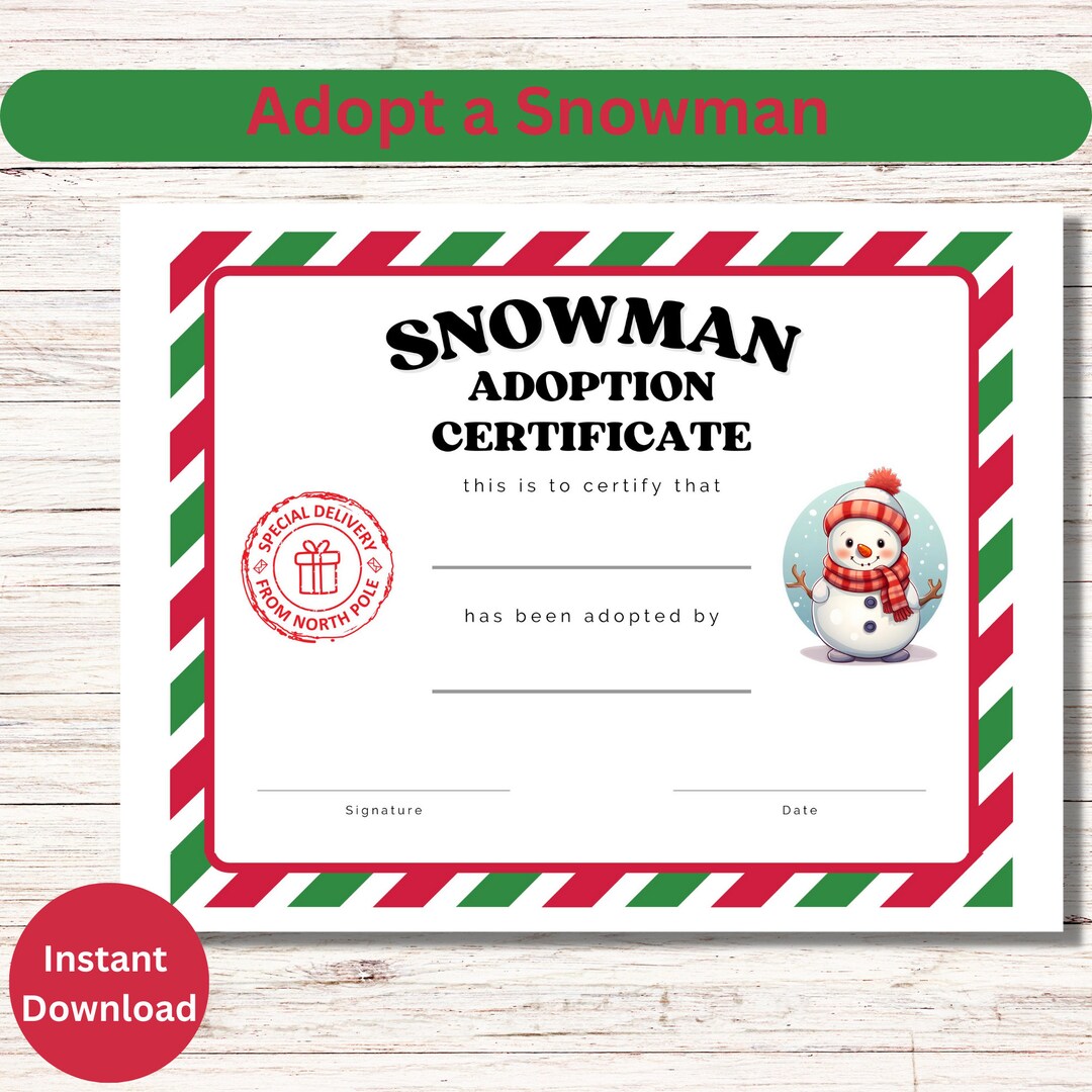 Snowman Adoption Certificate, Adopt a Snowman, Christmas Adoption ...