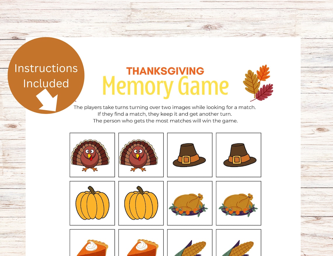 Thanksgiving Memory Game, Thanksgiving Matching Game, Printable ...