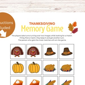 Thanksgiving Memory Game, Thanksgiving Matching Game, Printable ...