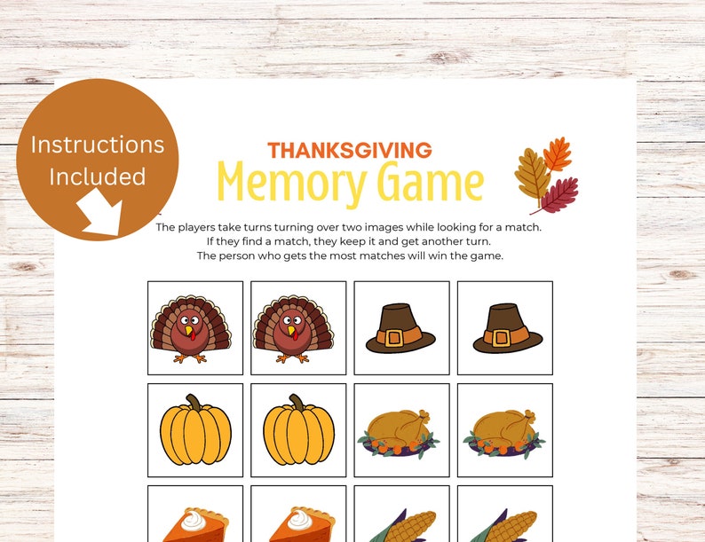 Thanksgiving Memory Game, Thanksgiving Matching Game, Printable ...