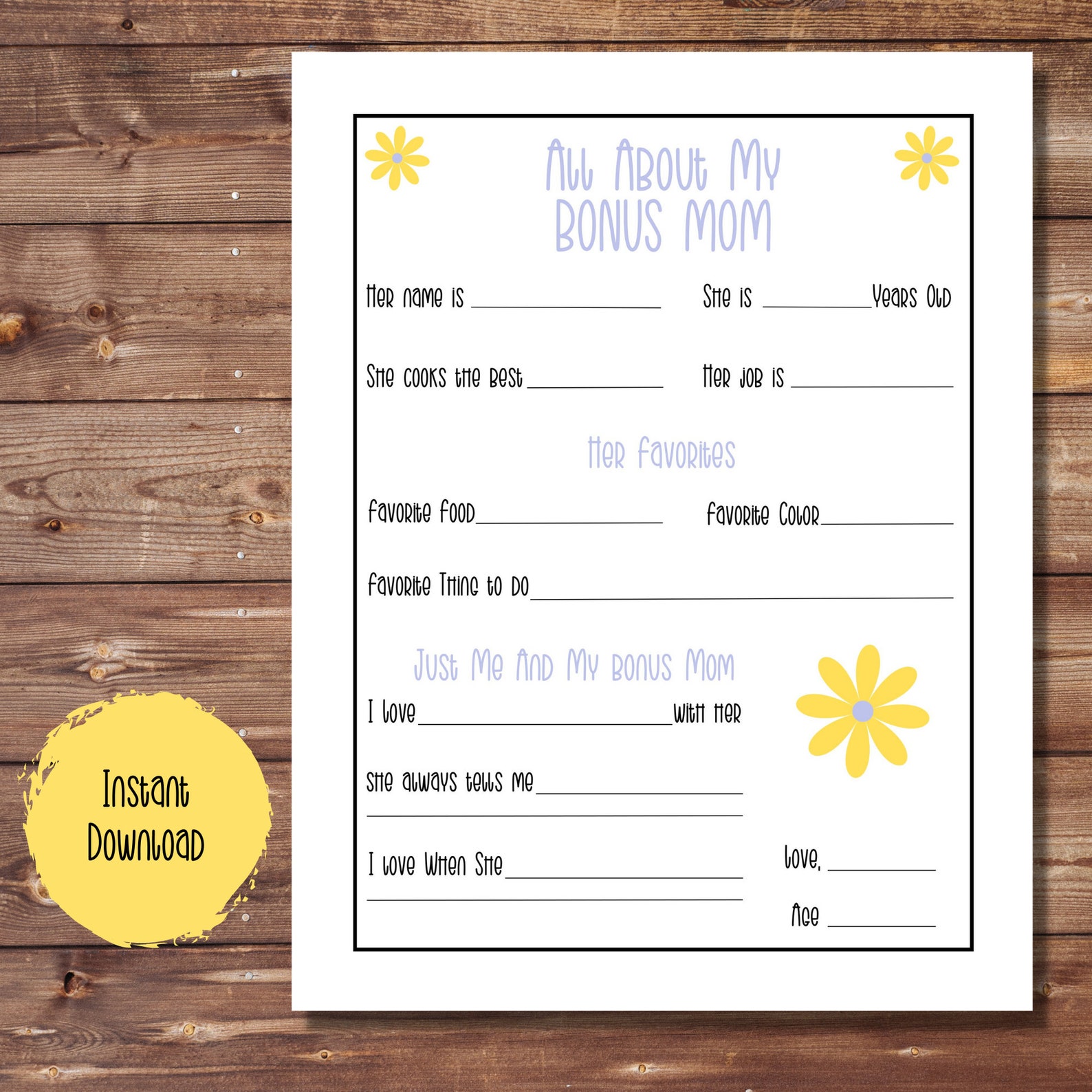 All About My Bonus Mom Printable, Fill in the Blank, All About Mom ...