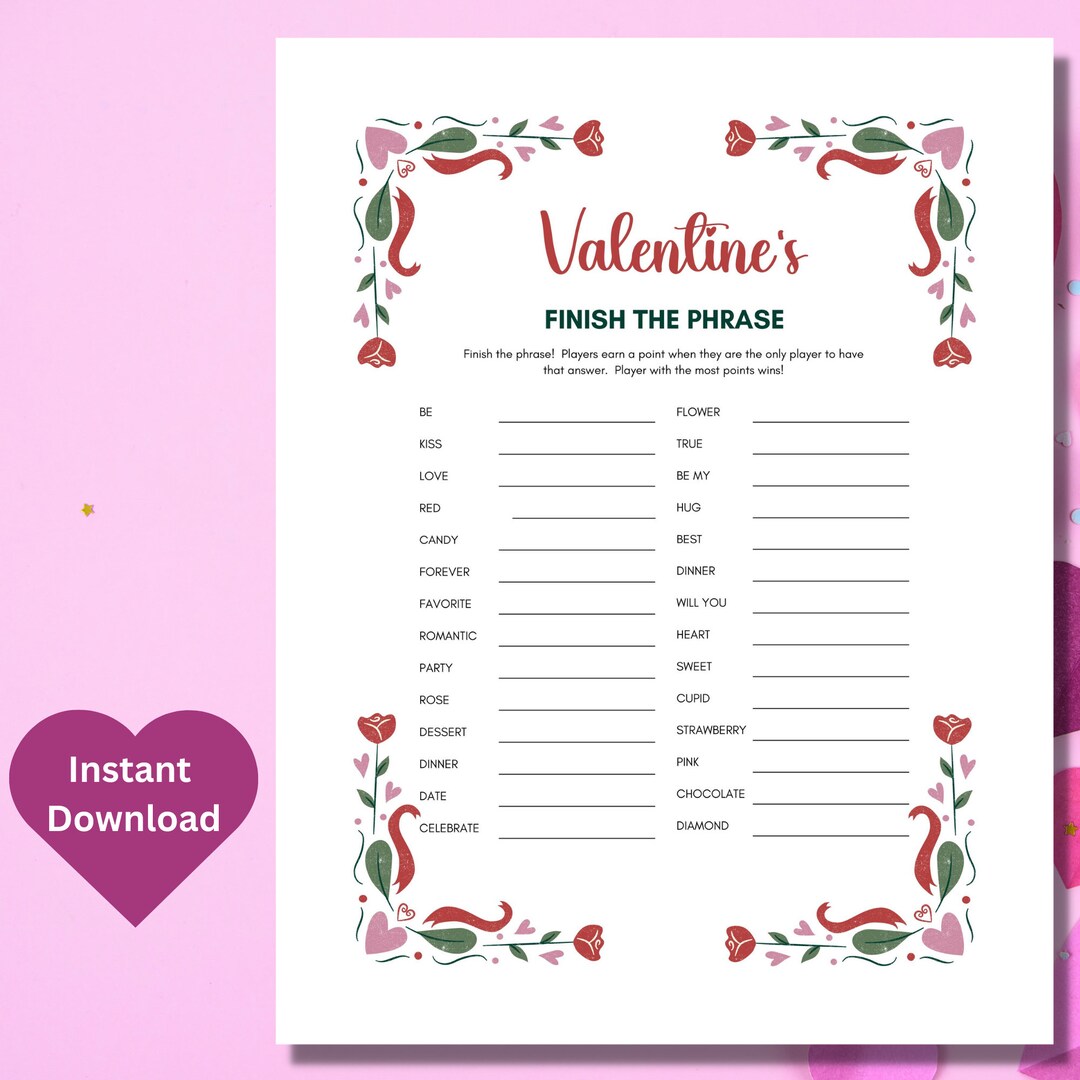 Valentine's Finish the Phrase, Valentine's Day Games, Printable ...