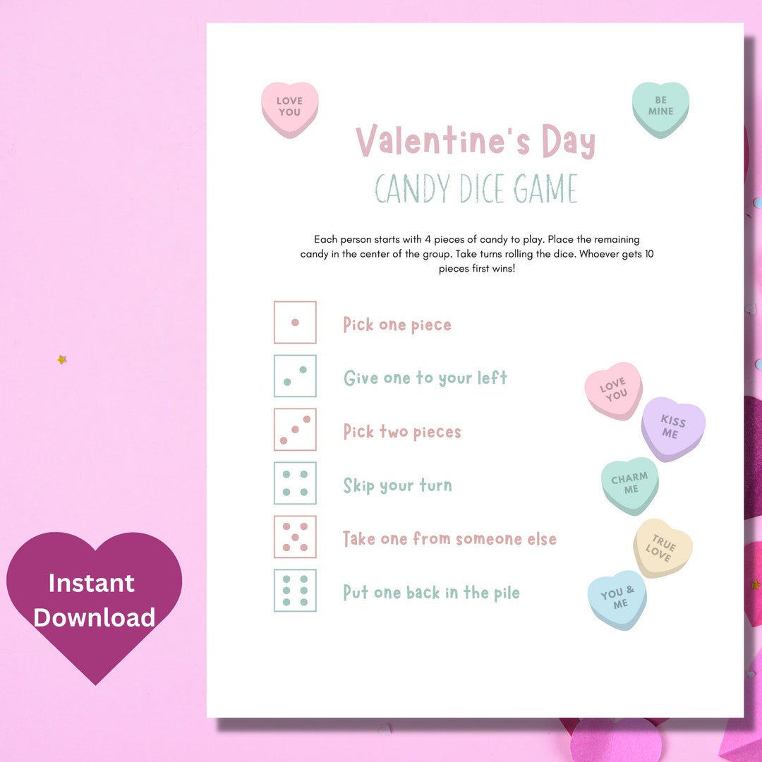 Valentine's Day Candy Dice Game, Valentine's Day Party Games, Dice ...