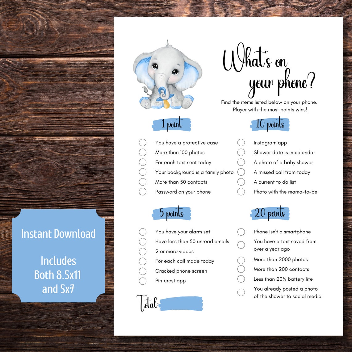 Whats on Your Phone Baby Shower Game, Blue Elephant Baby Shower Games ...