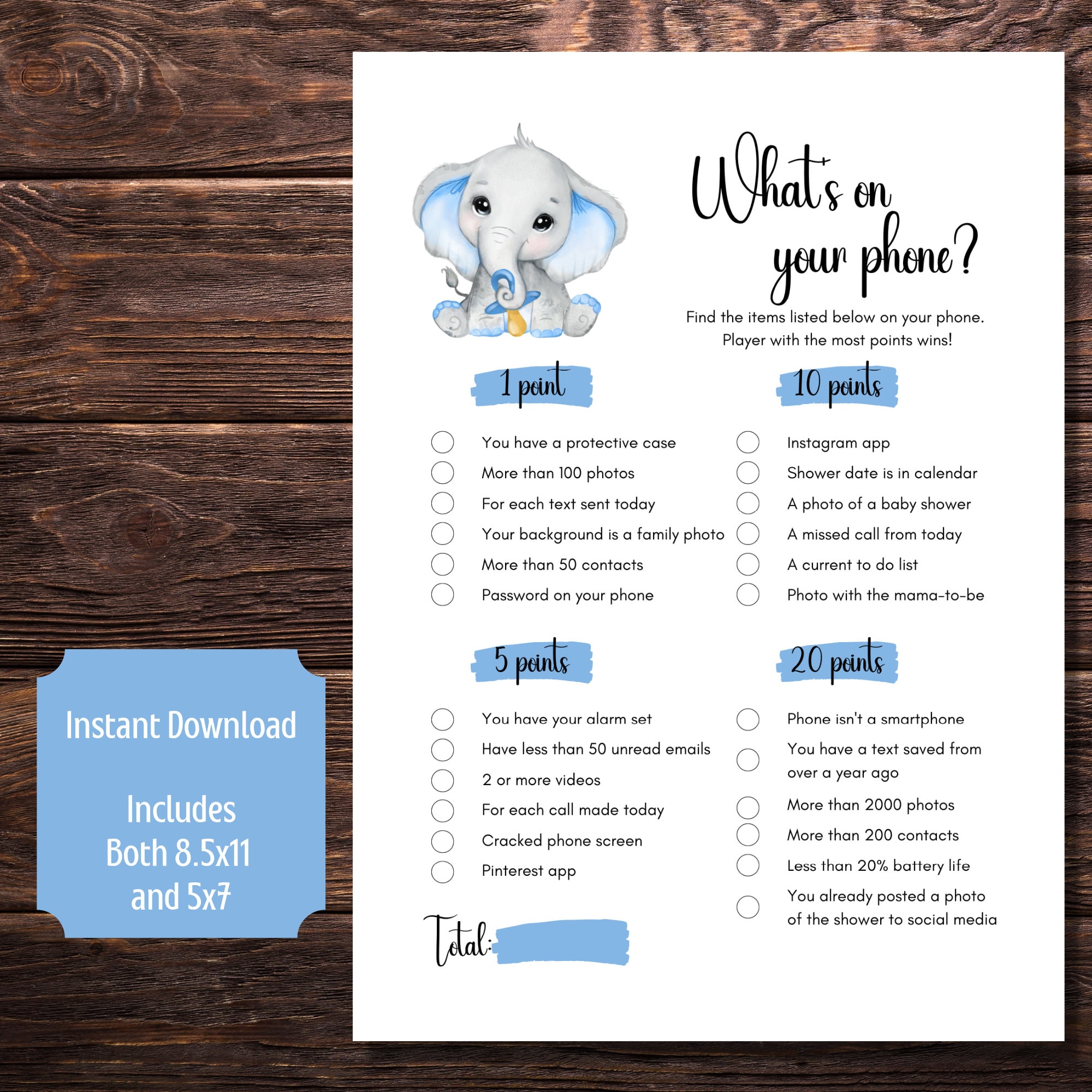 Whats on Your Phone Baby Shower Game, Blue Elephant Baby Shower Games ...