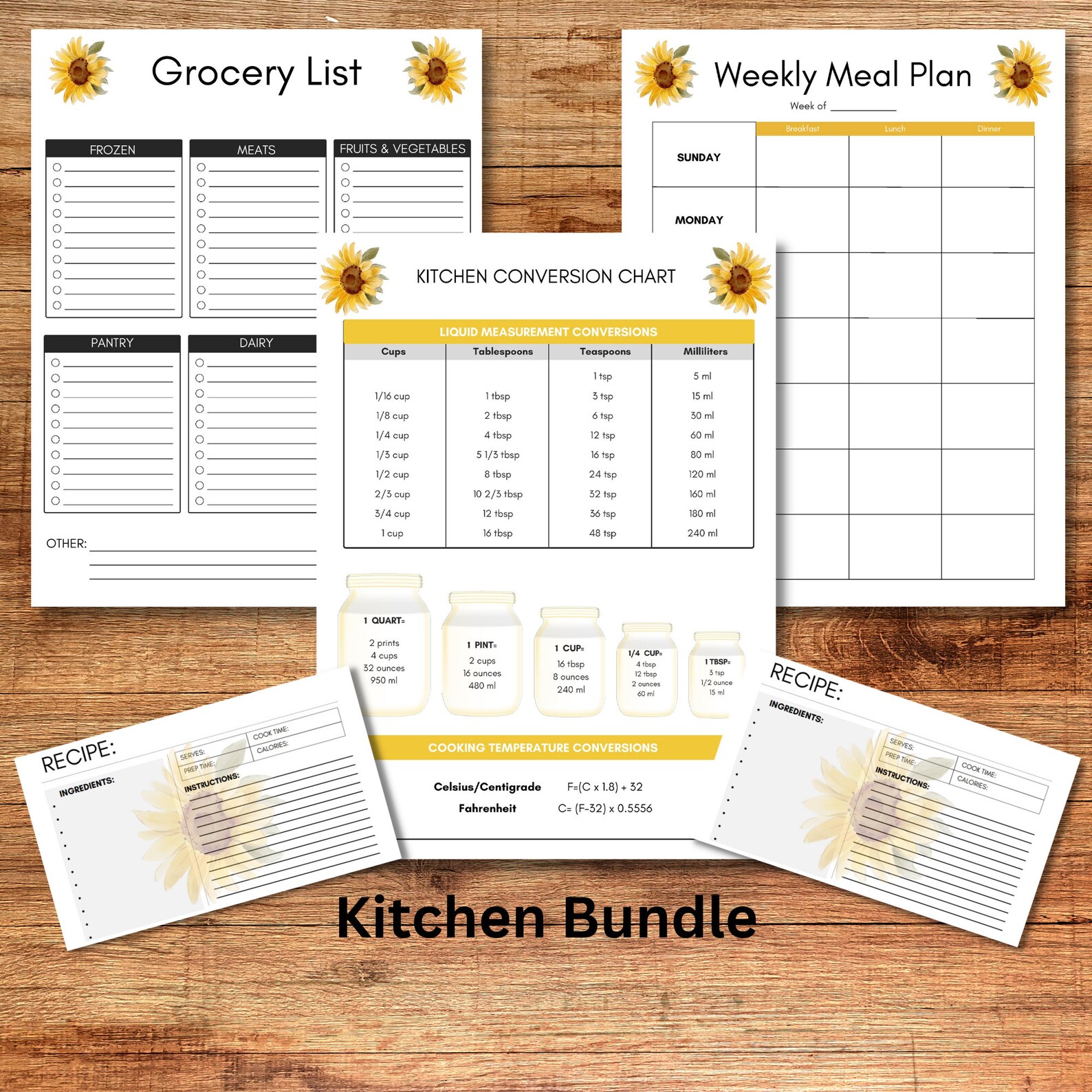 Sunflower Kitchen Bundle, Printable Kitchen Conversion Chart, Grocery ...
