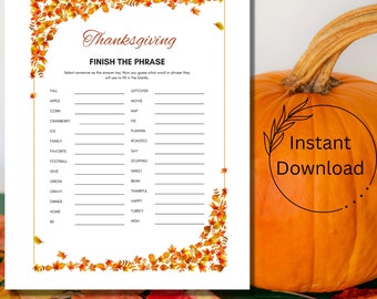 Thanksgiving Finish the Phrase Game, Printable Thanksgiving Game ...