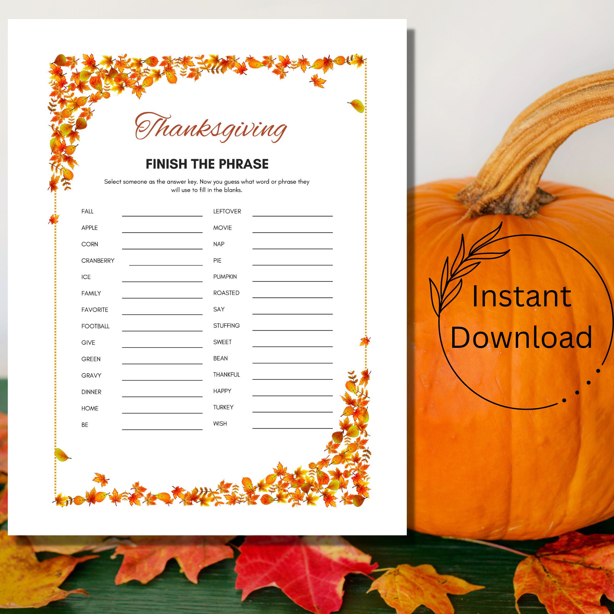 Thanksgiving Finish the Phrase Game, Fall Family Printable Games - Etsy