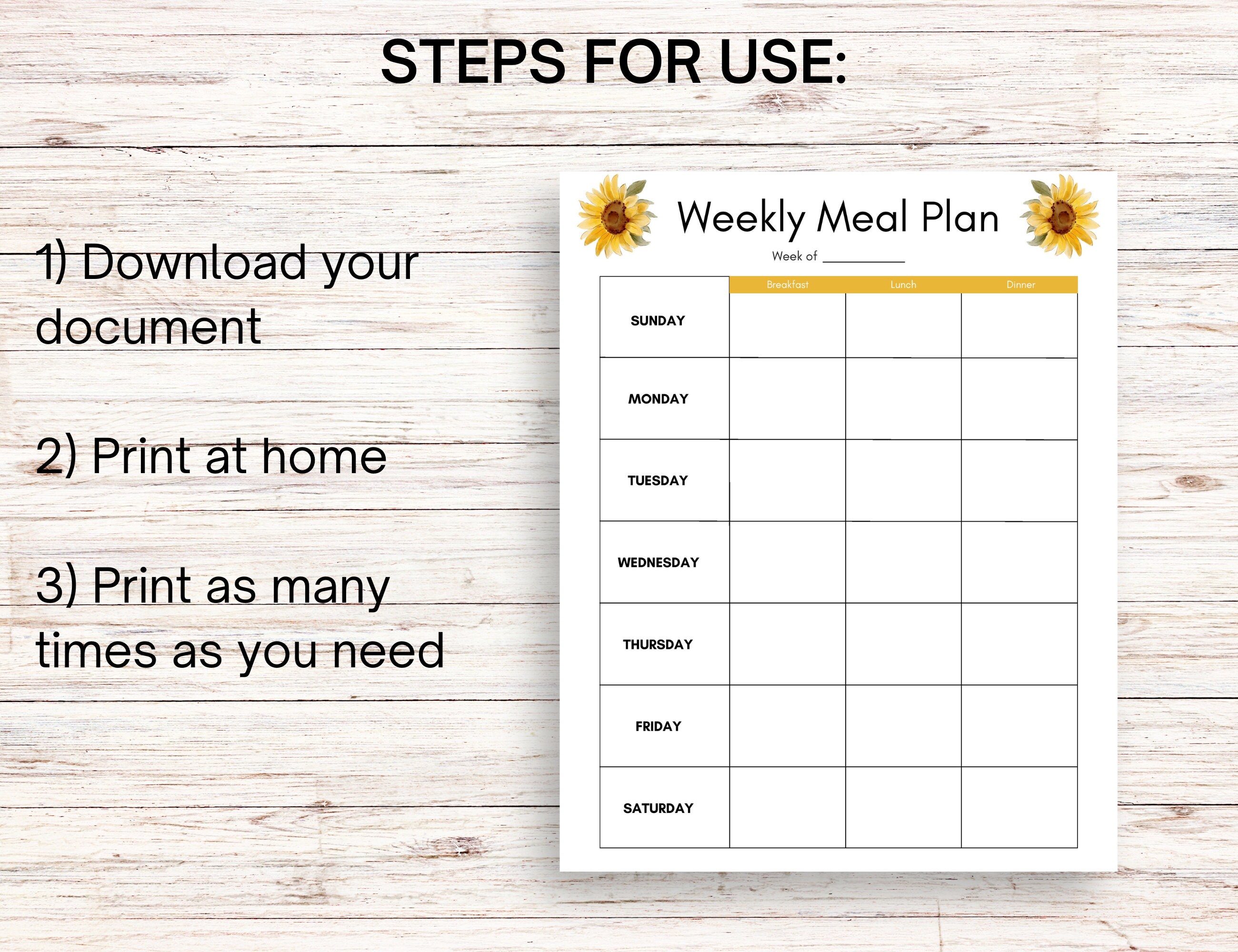Weekly Meal Plan, Printable Sunflower Meal Planner, Weekly Menu Planner ...