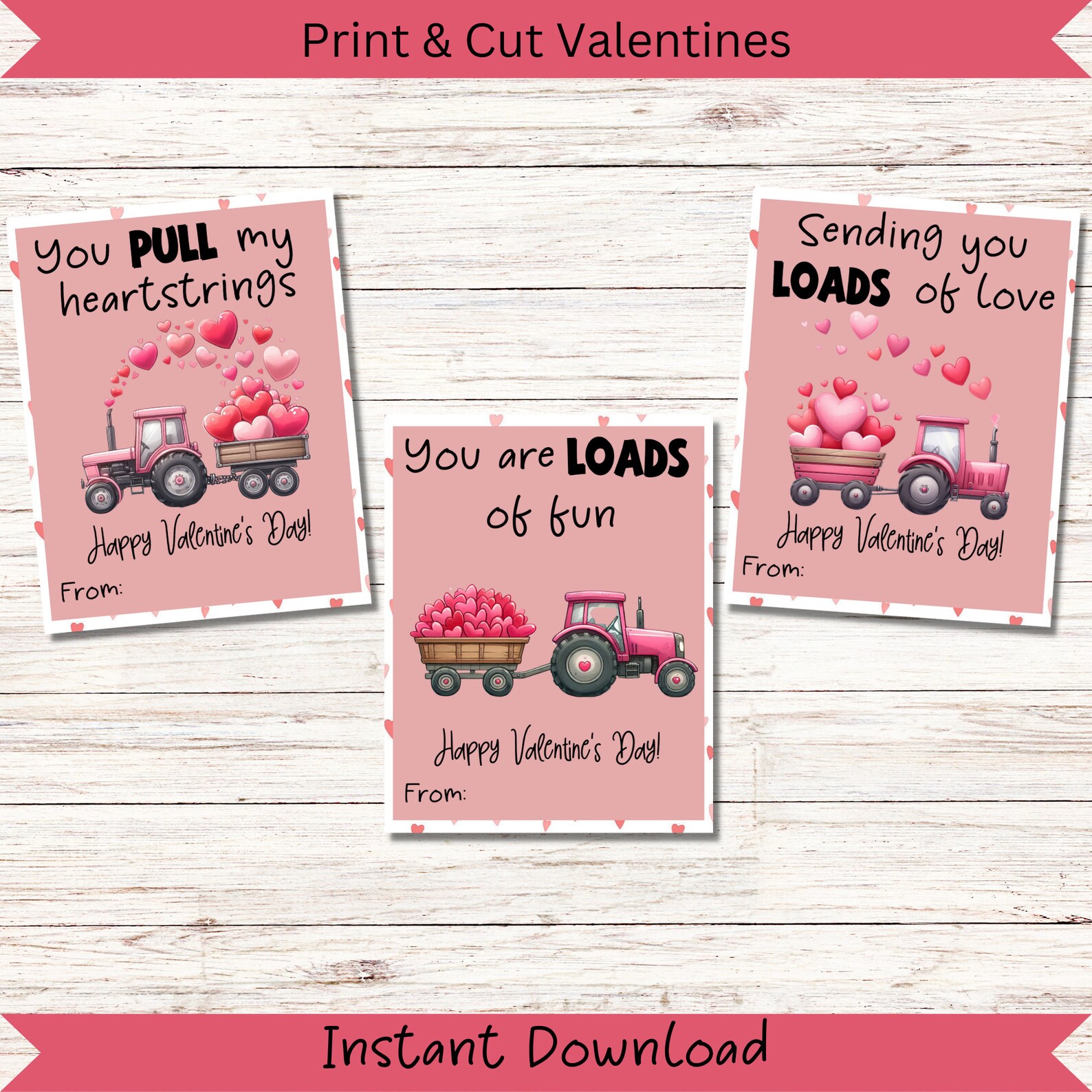 Tractor Valentines, Pink Tractor Farm Valentines, Printable Valentines ...