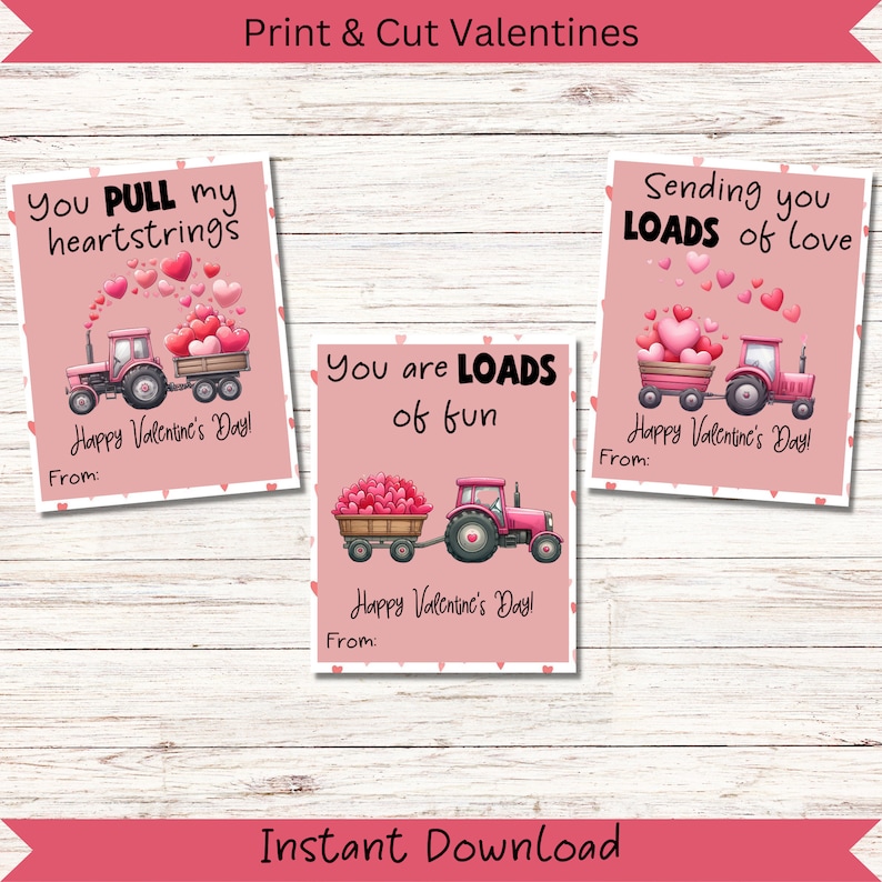 Tractor Valentines, Pink Tractor Farm Valentines, Printable Valentines ...