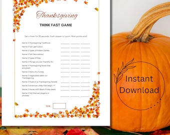 Thanksgiving Think Fast Game Printable, Instant Download Fall Game ...