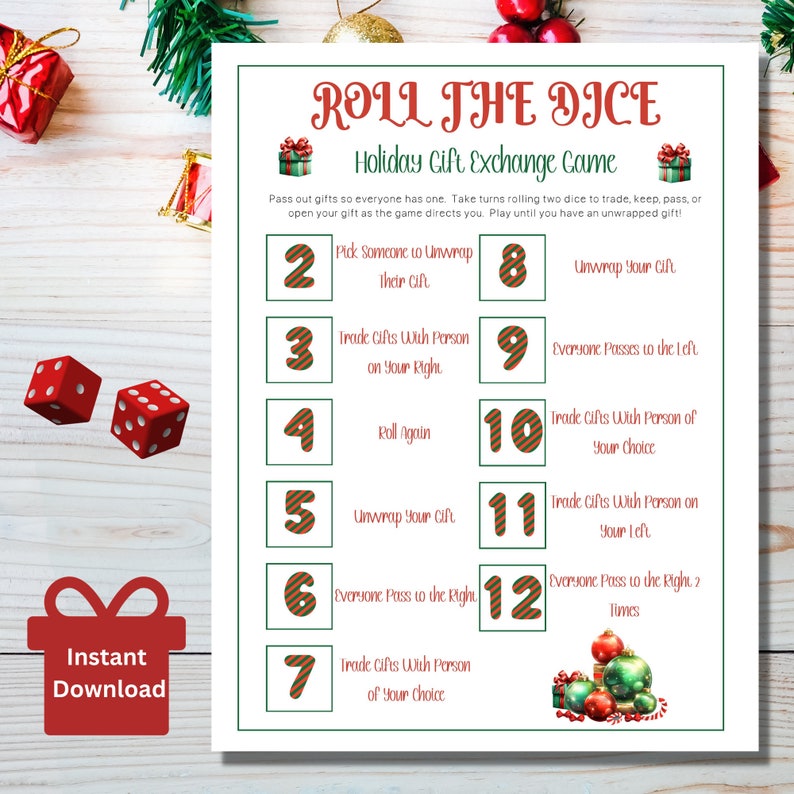 Christmas Gift Exchange Dice Game, Roll the Dice Holiday Gift Exchange ...