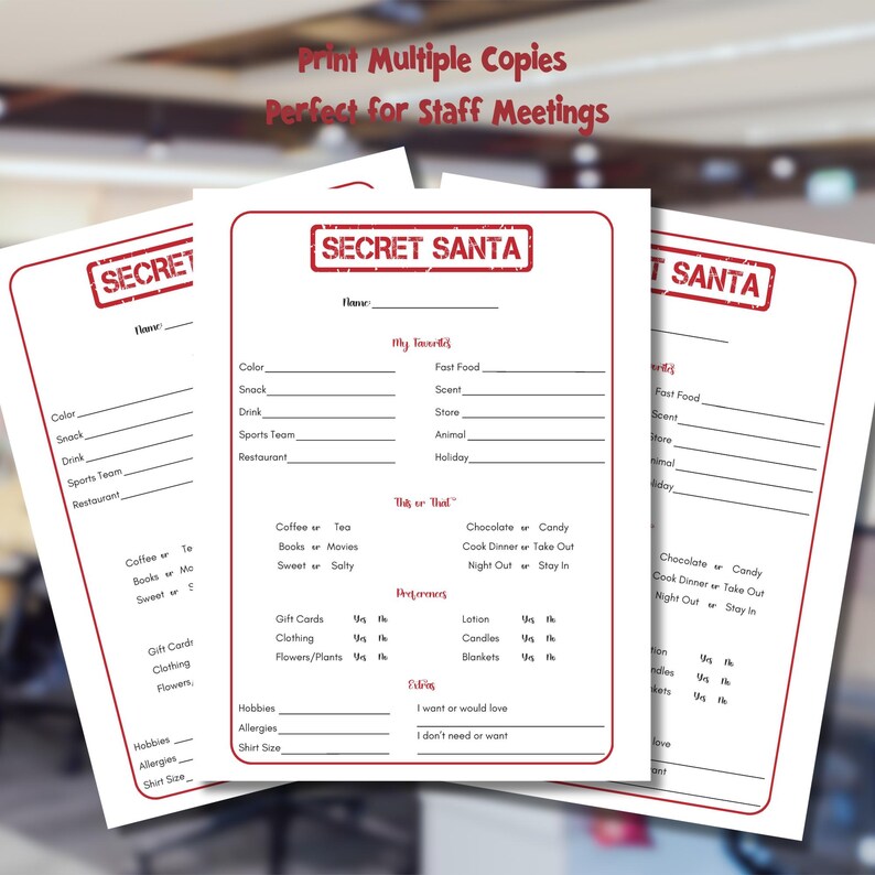 Secret Santa Questionnaire Printable, Secret Santa Survey, Christmas ...