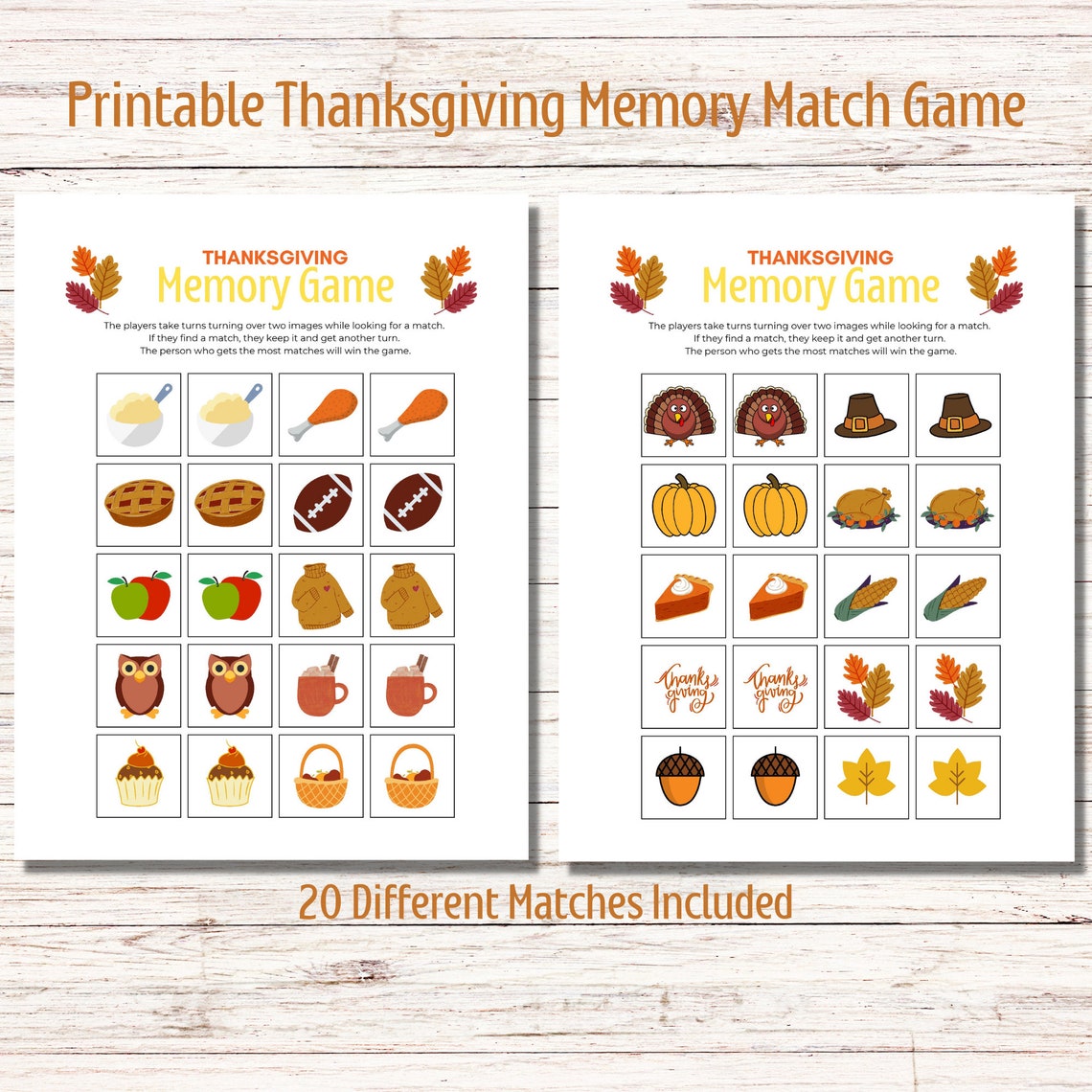 Thanksgiving Memory Game, Thanksgiving Matching Game, Printable ...
