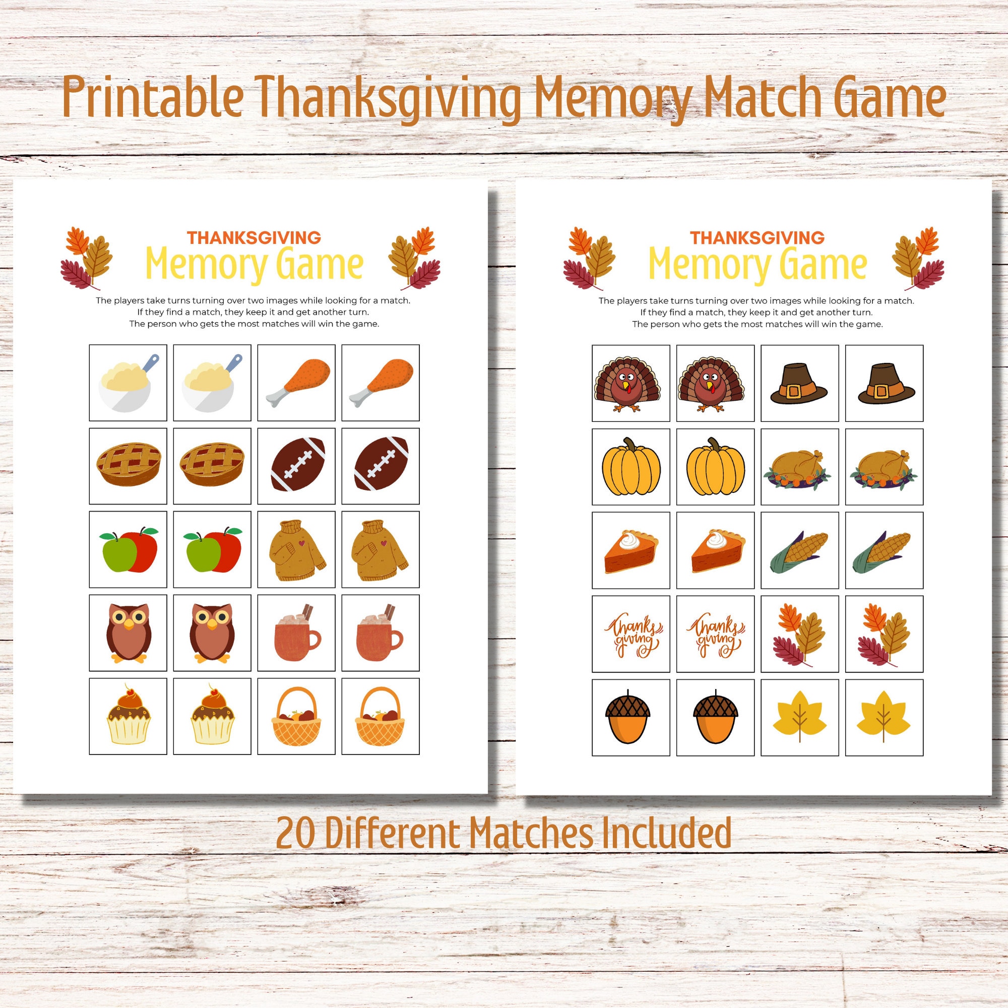 Thanksgiving Memory Game, Thanksgiving Matching Game, Printable ...