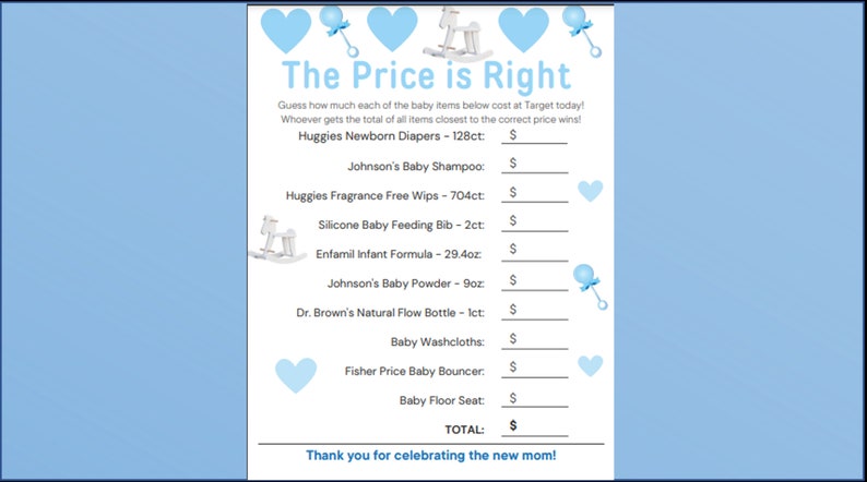 Baby Shower Price is Right Game - Baby Boy Edition - Etsy