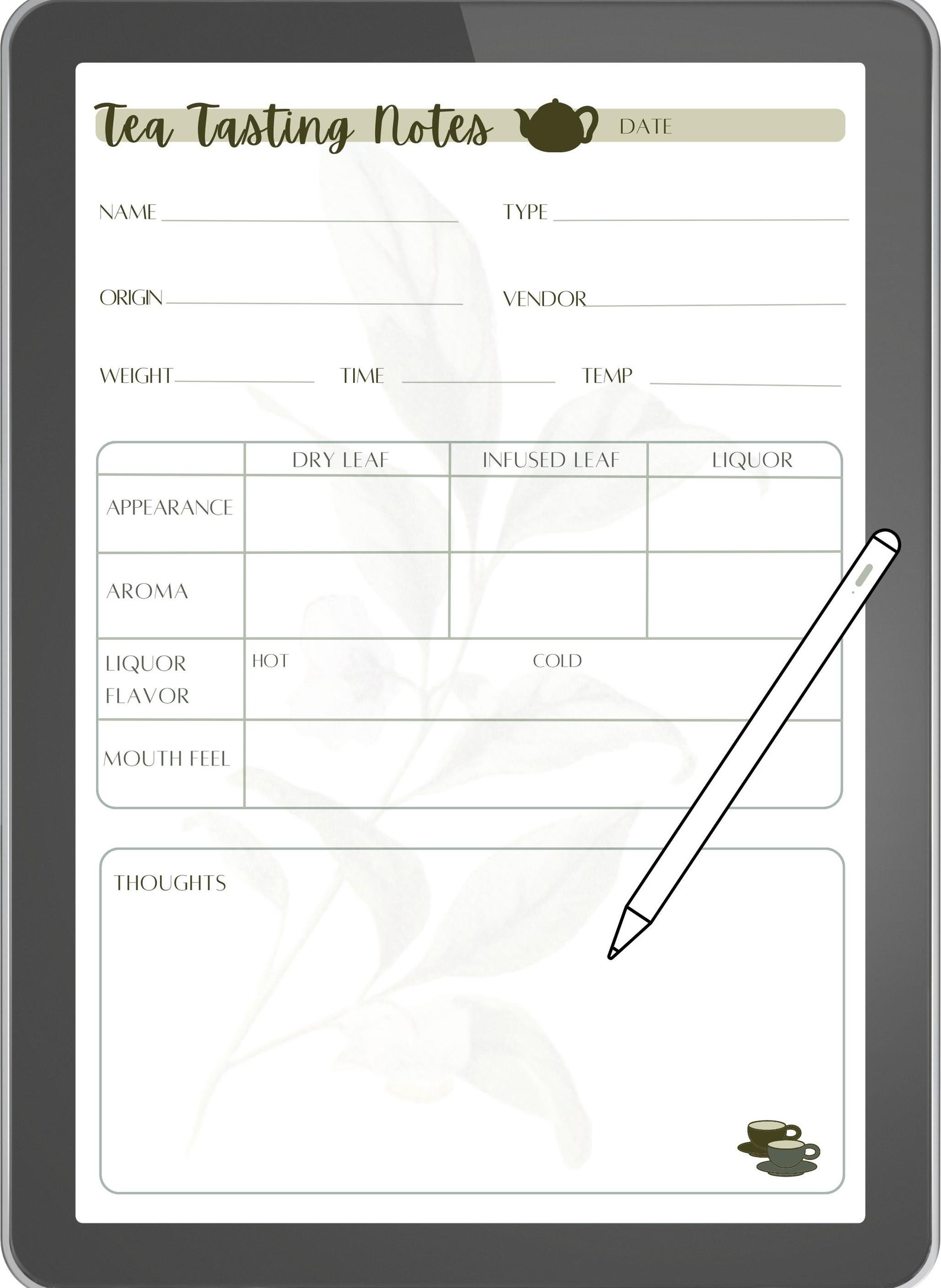 Tea Tasting Journal Digital Download for Goodnotes, Tea Tasting Notes ...