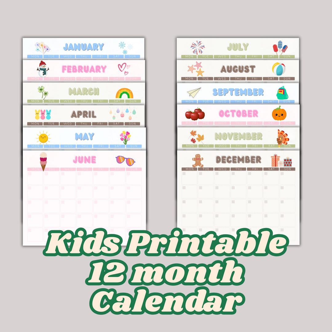 Printable 12-month Kids Calendar, Playroom Calendar, Nursery Decor ...