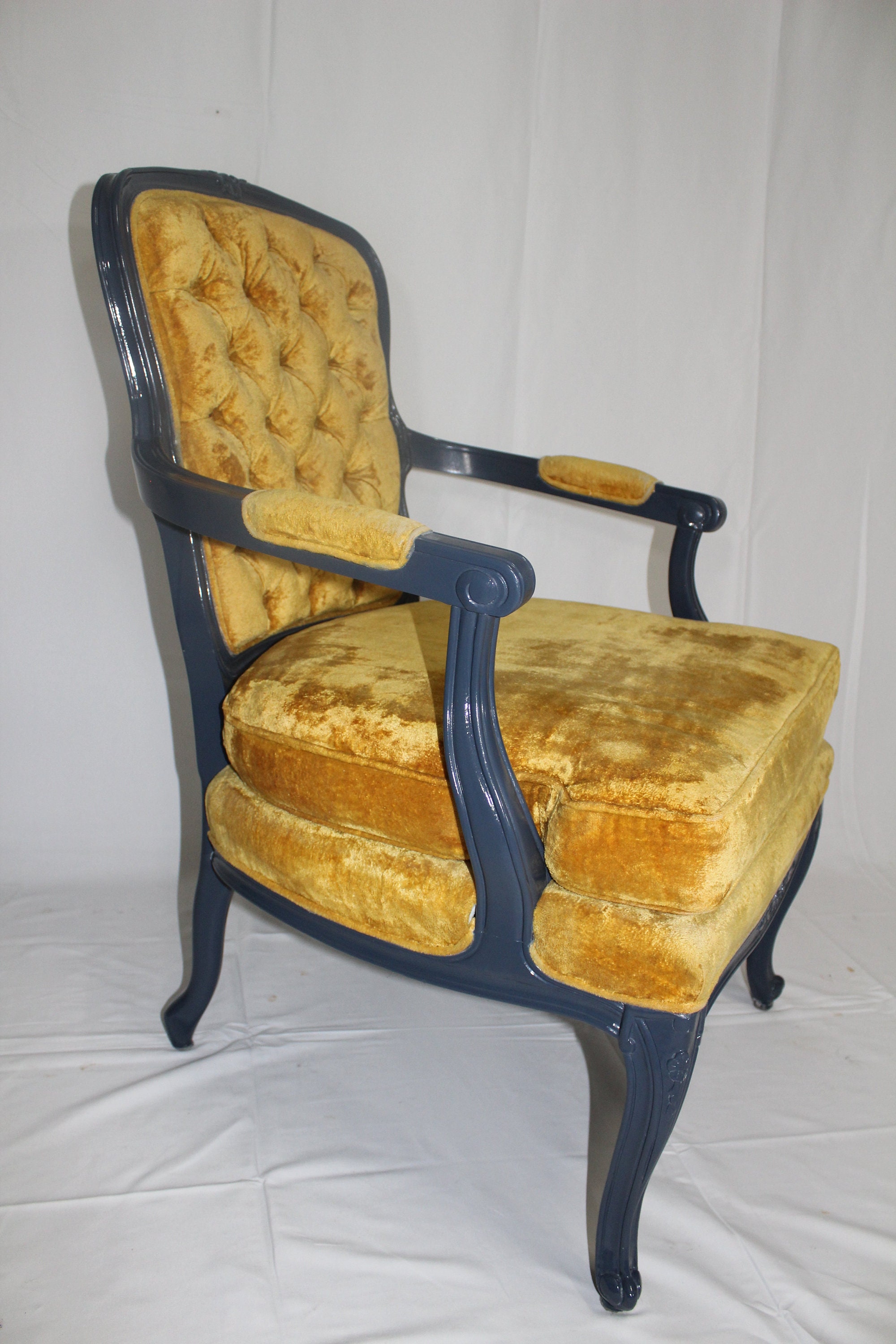 Refinished Antique Chair Navy Blue High Gloss Finish, Yellow Upholstery ...