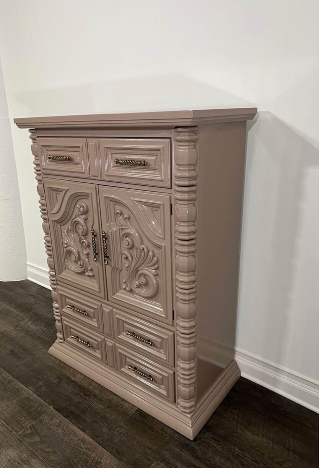 Refinished Antique Armoire/ Tall Boy, High Gloss Pink-tan Finish - Etsy