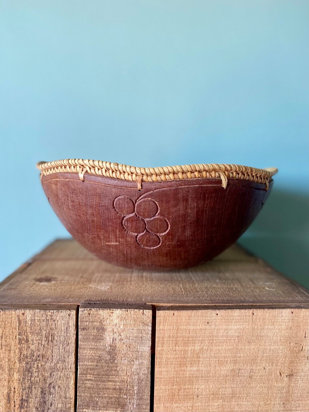 Vintage Indonesian Etched Wood & Wicker Bowl - Etsy