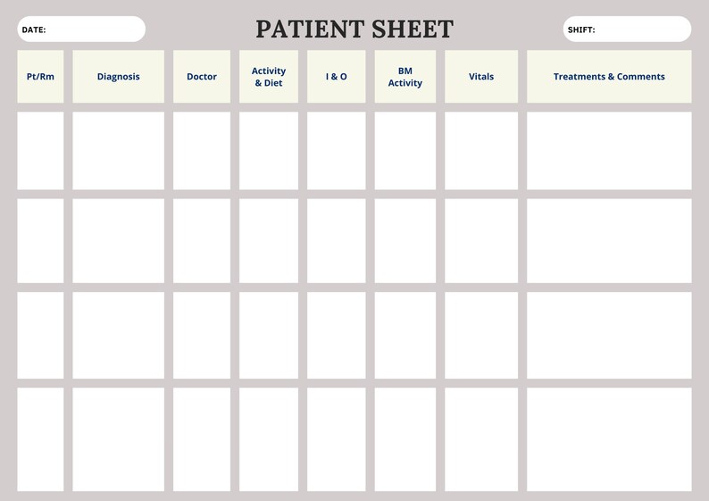 Patient Sheet for Nurses, Doctors, Personal Support Workers, Patient ...