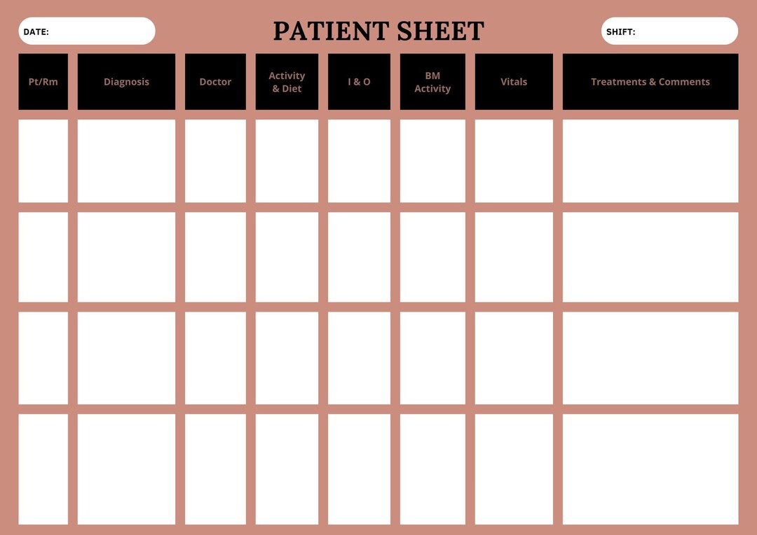 Patient Sheet for Nurses, Doctors, Personal Support Workers, Patient ...