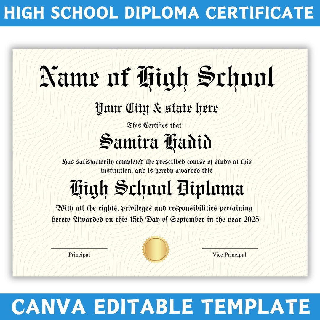 Certificate Diploma Canva Editable Template, High School Certificate ...