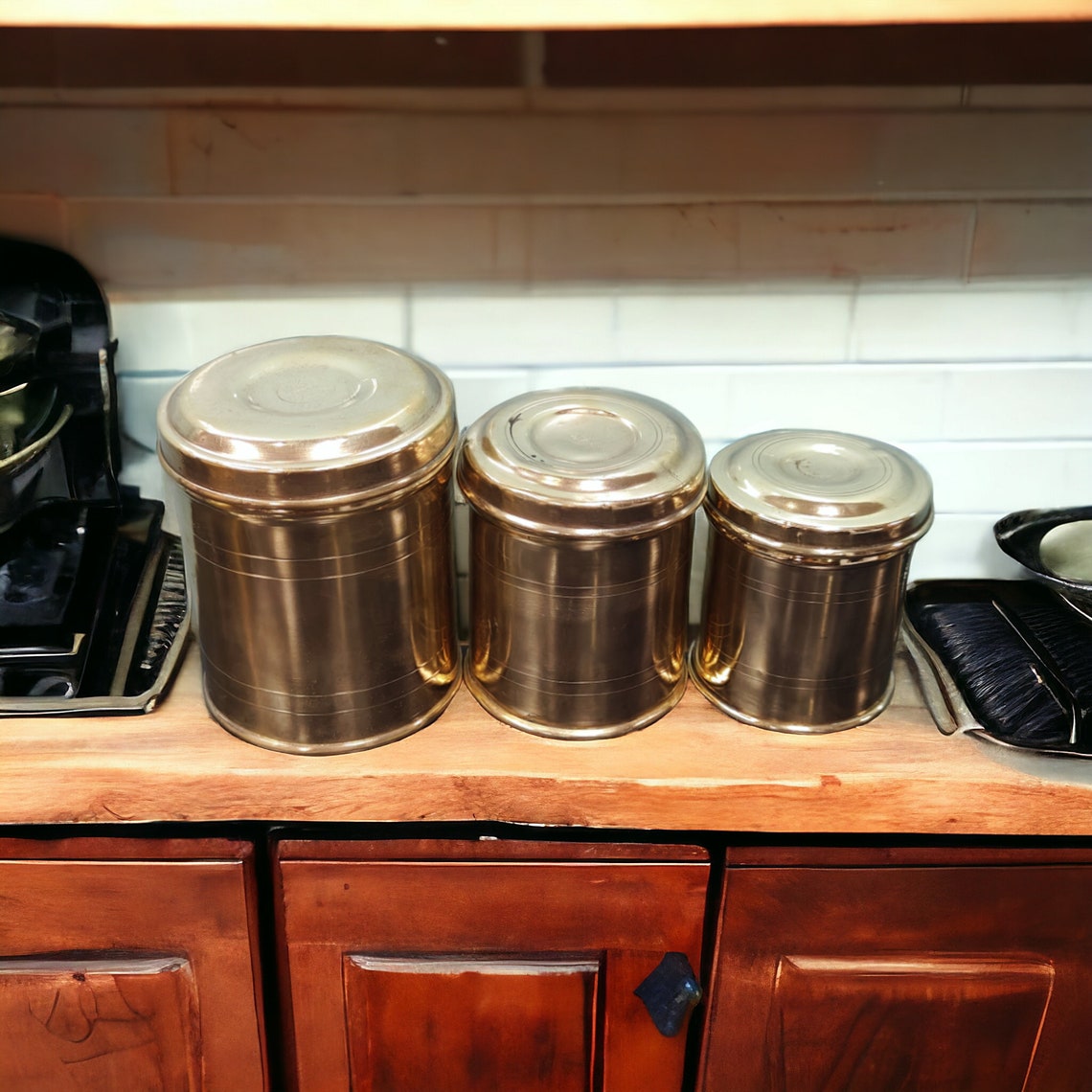 Set of 3 - Antique Cylindrical Storage Brass Container With Lid - Etsy